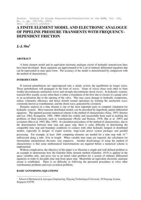 pdf a finite element model and electronic analogue of pipeline pressure transients with