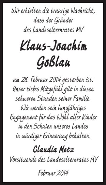 Traueranzeigen Von Klaus Joachim Go Lau Trauer Nordkurier