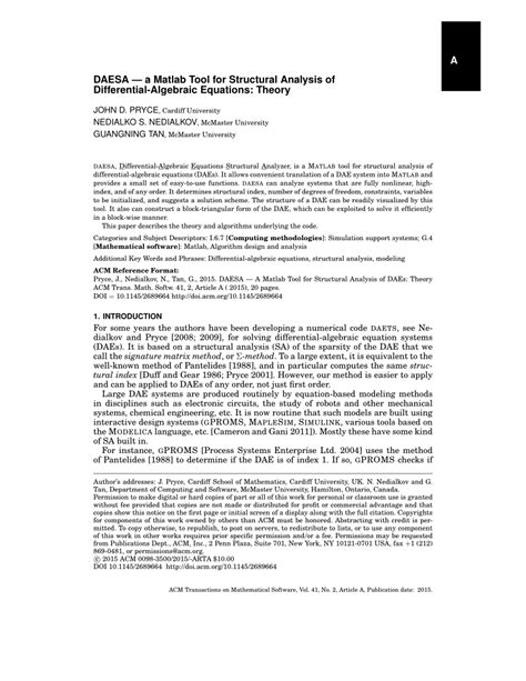 pdf daesa—a matlab tool for structural analysis of differential algebraic equations theory
