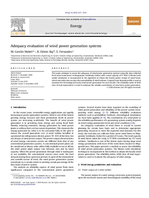 pdf adequacy evaluation of wind power generation systems r edwin raj
