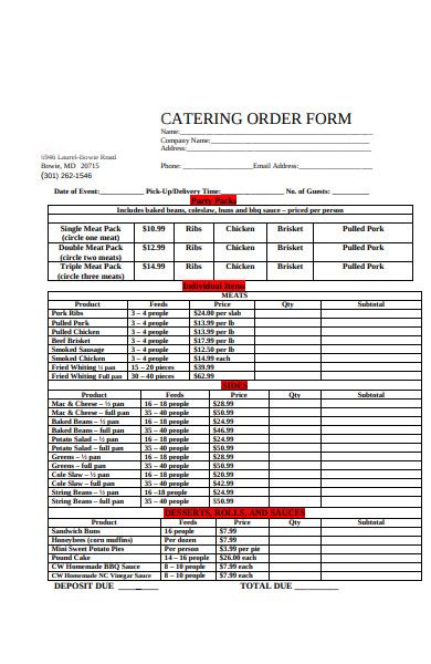 Printable Catering Order Form Printable Forms Free Online