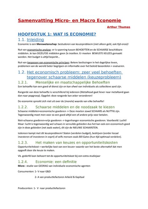 Samenvatting Economie Samenvatting Micro En Macro Economie Arthur