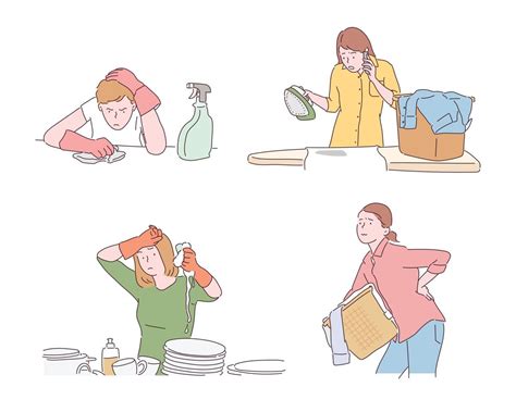 A Collection Of Women With Difficult Household Chores Hand Drawn Style