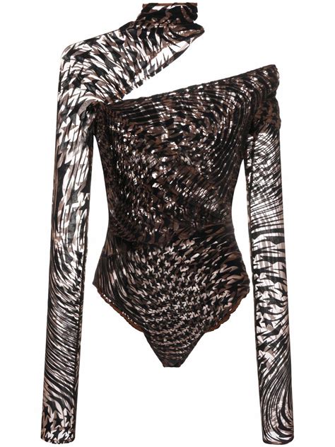 Mugler Flocked Mesh Cut Out Semi Sheer Bodysuit Farfetch