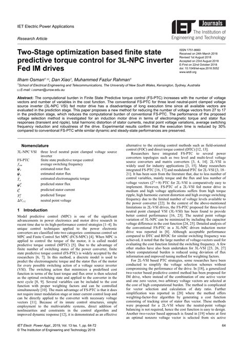 two stage optimization based finite state predictive torque control for 3l npc inverter fed im