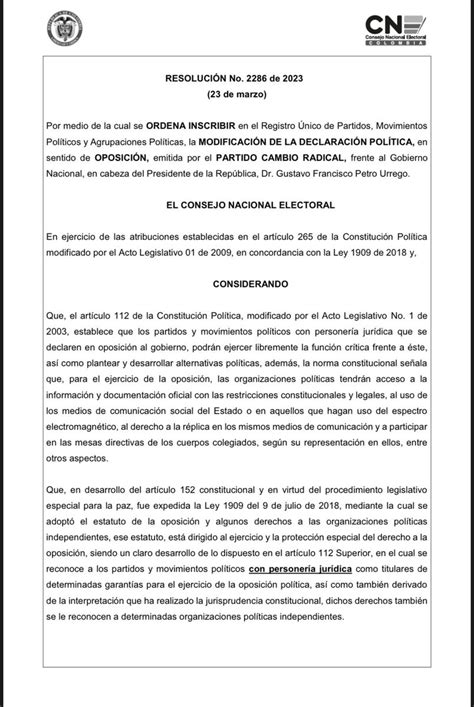 W Radio Colombia on Twitter NoticiaW El CNE reconoció a Cambio