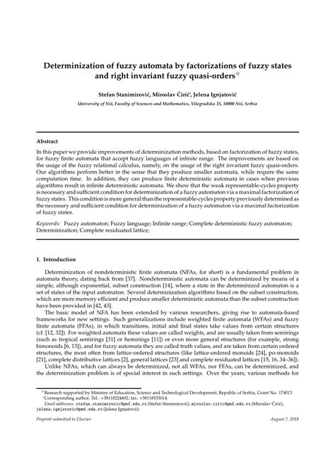 pdf determinization of fuzzy automata by factorizations of fuzzy states and right invariant