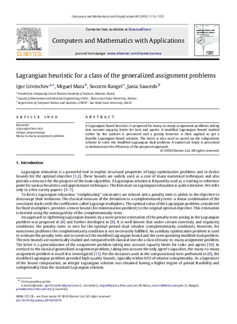 pdf lagrangian heuristic for a class of the generalized assignment problems jania saucedo