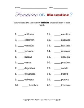 Free Spanish Masculine And Feminine Gender Worksheet Twinkl Efe