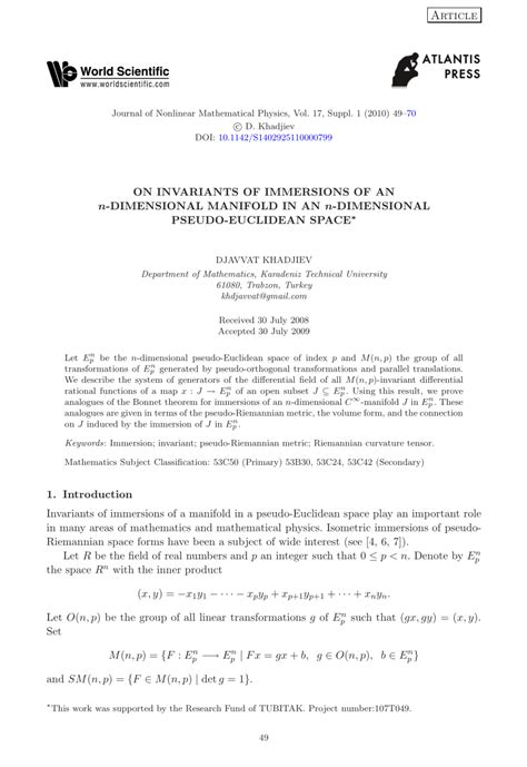 pdf on invariants of immersions of an n dimensional manifold in an n dimensional pseudo