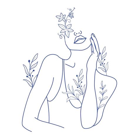 Póster de retrato de mujer de arte lineal estampado de flores