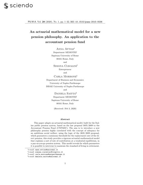 pdf an actuarial mathematical model for a new pension philosophy an application to the