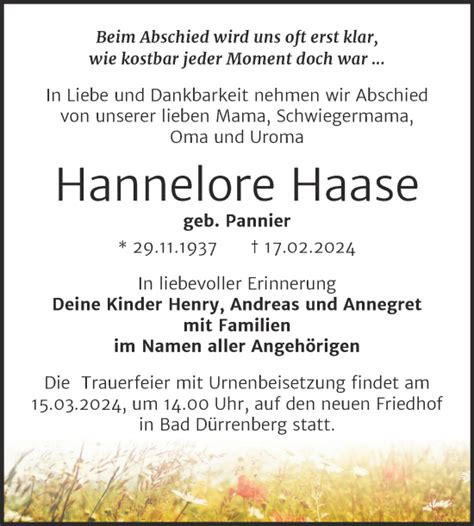Traueranzeigen Von Hannelore Haase Abschied Nehmen De