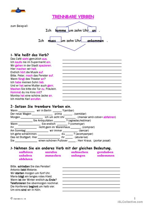 trennbare Verben Deutsch DAF Arbeitsblätter pdf doc