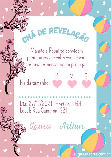 Surpresa e Arte Convite Chá revelação Gratuito para baixar e editar