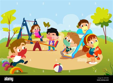 Una ilustración vectorial de niños jugando en el patio de juegos