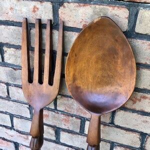 Vintage Large Wood Fork And Spoon Set Large Utensil Decor Etsy