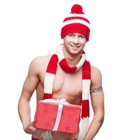 Funny Naked Man Holding Christmas Gift Stock Photos Free Royalty