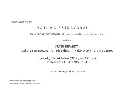VABILO na predavanje o SRČNEM INFARKTU Koronarni klub Mislinjske doline