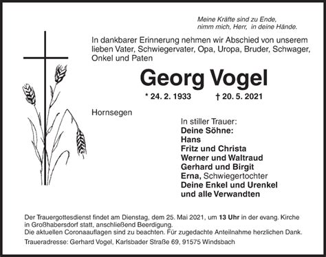 Traueranzeigen Von Georg Vogel Trauer Flz De