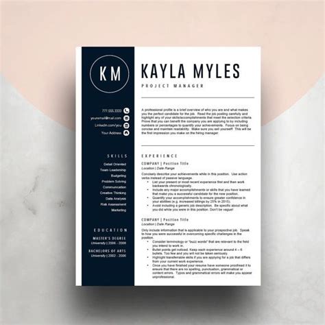 A Professional Resume Template With Blue Accents On The Front And Black