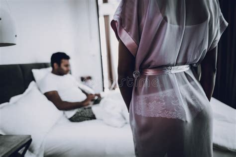 Girl Is Flirting With Boyfriend Bedroom Concept Stock Photo Image Of