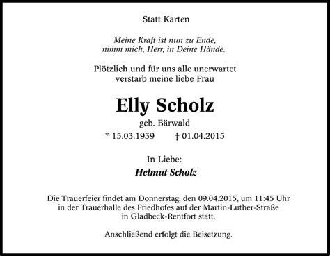Traueranzeigen Von Elly Scholz Trauer In NRW De