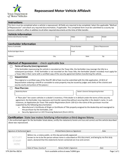 Affidavit Sale Of Motor Vehicle