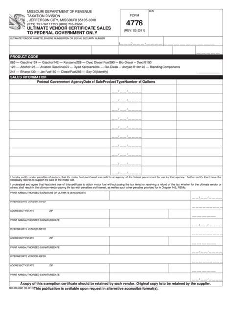 Fillable Form 4776 Ultimate Vendor Certificate Sales To Federal