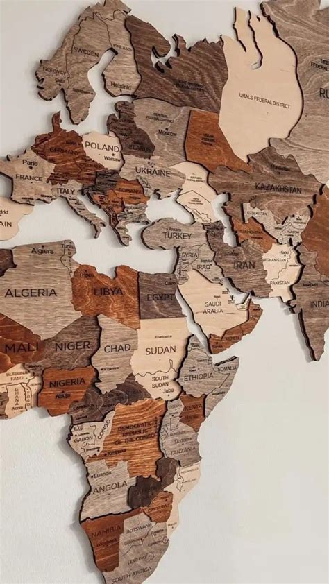 Wood Wall Art World Map 5th Anniversary Gift Modern Home Decor