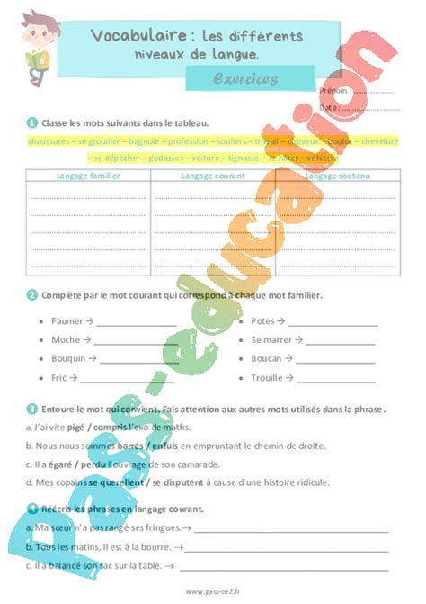 Les niveaux de langue Exercices de vocabulaire pour le ce2 PDF à