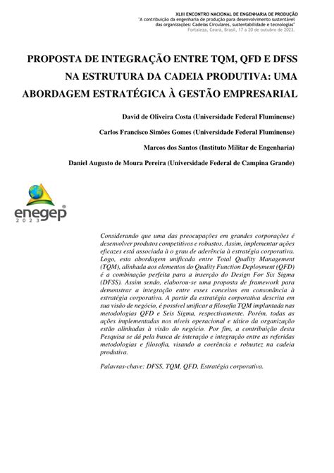 Pdf Proposta De Integra O Entre Tqm Qfd E Dfss Na Estrutura Da