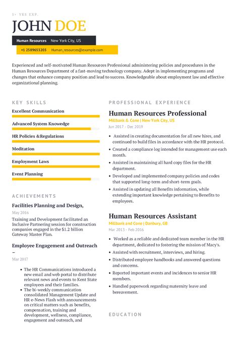 Sample Human Resource Resume Get Free Templates
