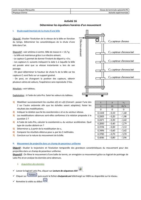 PC Activité 16 équations horaires dun mouvement Lycée Jacques