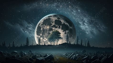 Lua Céu Estrelado Floresta Fundo Lua Céu Estrelado Floresta Imagem