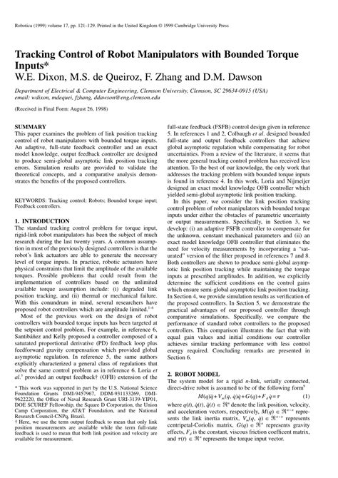 pdf tracking control of robot manipulators with bounded torque inputs