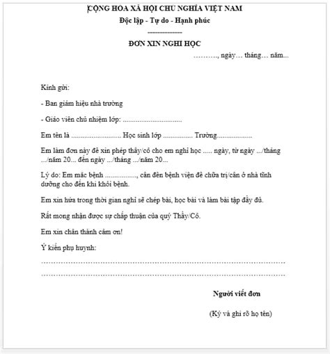Tuyển tập mẫu đơn xin nghỉ học của học sinh tiện lợi chính xác và dễ hiểu