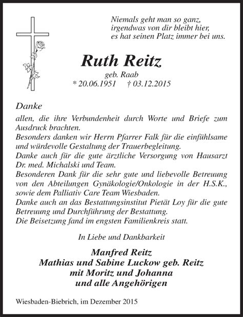 Traueranzeigen Von Ruth Reitz Vrm Trauer De