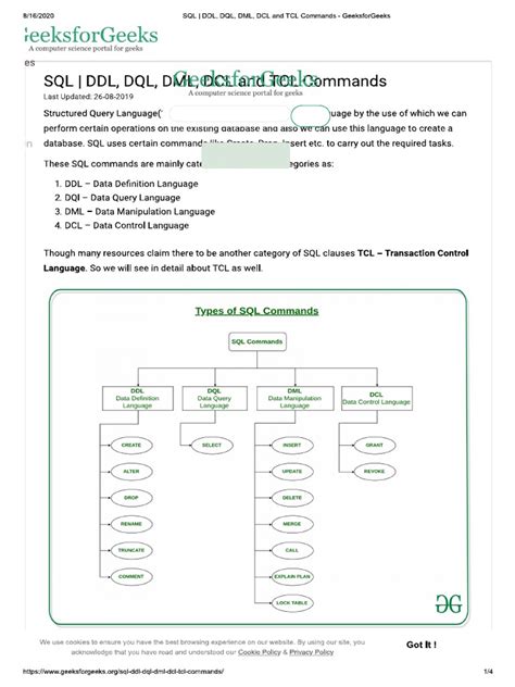 sql ddl dql dml dcl and tcl commands geeksforgeeks pdf