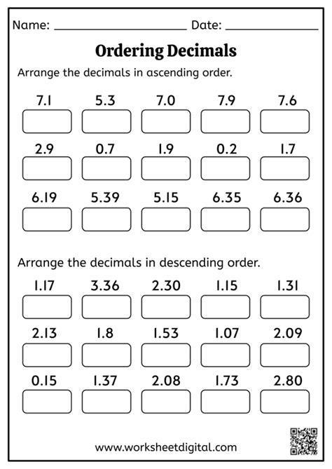 Ordering Decimals Worksheet Digital