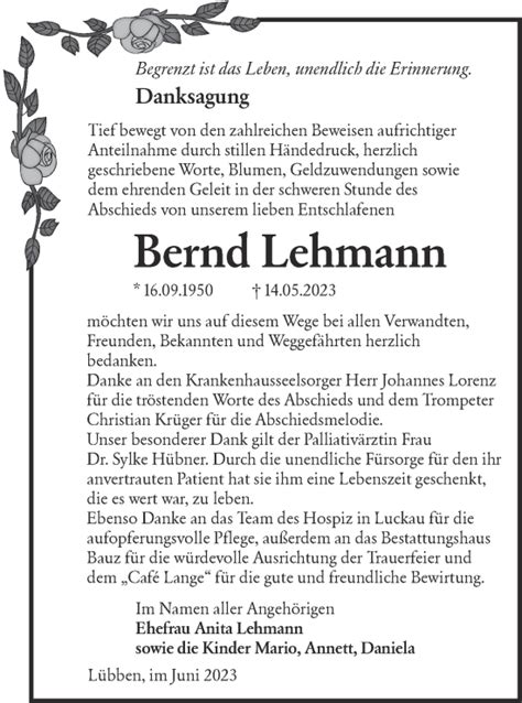 Traueranzeigen Von Bernd Lehmann Lr Online Trauer De
