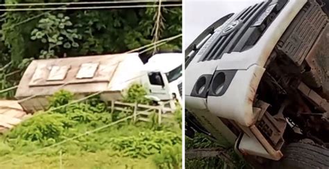 Região Ponte cede e carreta cai dentro de rio Nova Friburgo em Foco