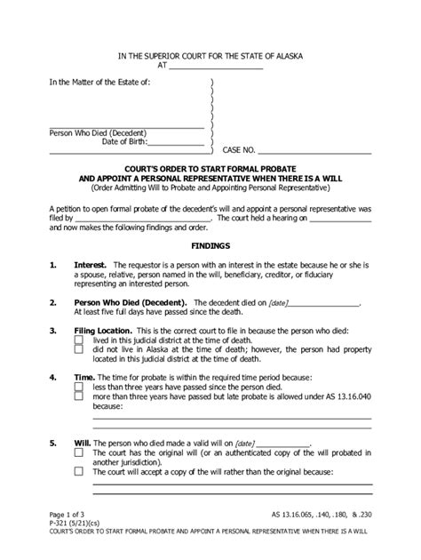 Fillable Online Courts Alaska P 321 Order Starting Formal Probate And