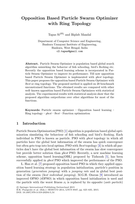 pdf opposition based particle swarm optimizer with ring topology