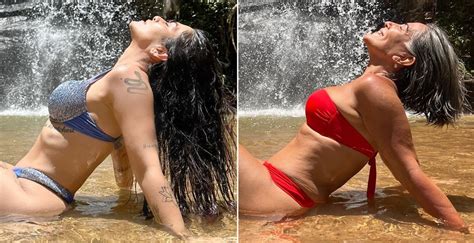 Cleo e Gloria Pires copiam pose de biquíni em cachoeira Tal mãe tal