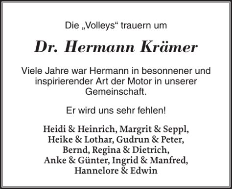 Traueranzeigen von Dr Hermann Krämer sh z Trauer
