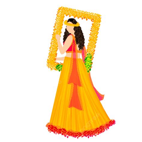 Indian Wedding Haldi Bride With Holding Flower Frame In Yellow Attire