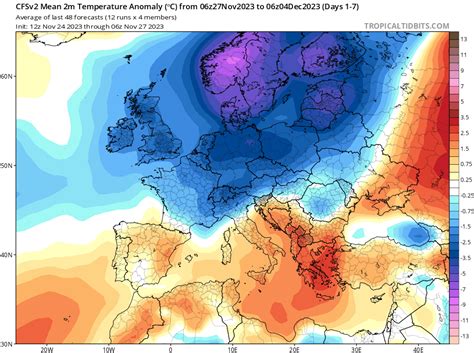 Pogoda długoterminowa na grudzień 2023 r Niebiesko na mapach anomalii