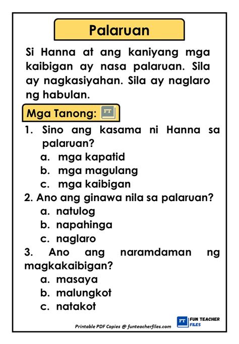 Filipino Reading Materials With Comprehension Questions Set Fun