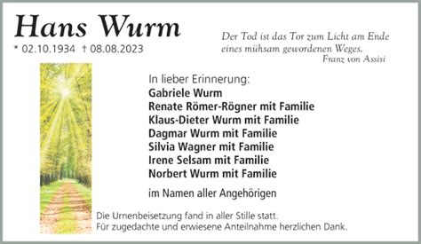 Traueranzeigen Von Hans Wurm Trauer Nn De